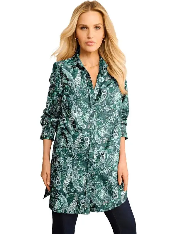 ROAMAN'S Kate Long-sleeve Cotton-blend Button-front Tunic - Emerald Fine Paisley