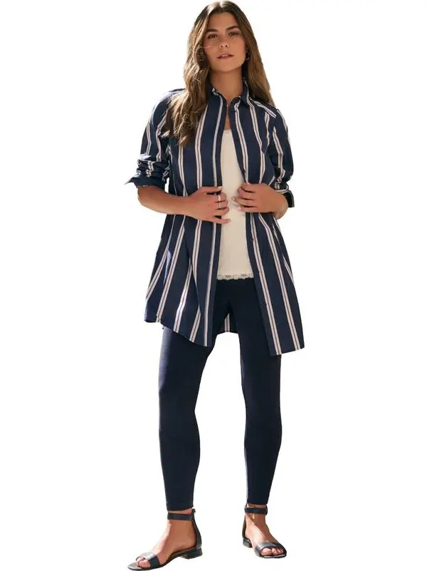 ROAMAN'S Kate Long-sleeve Cotton-blend Button-front Tunic - Navy Ivory Stripes