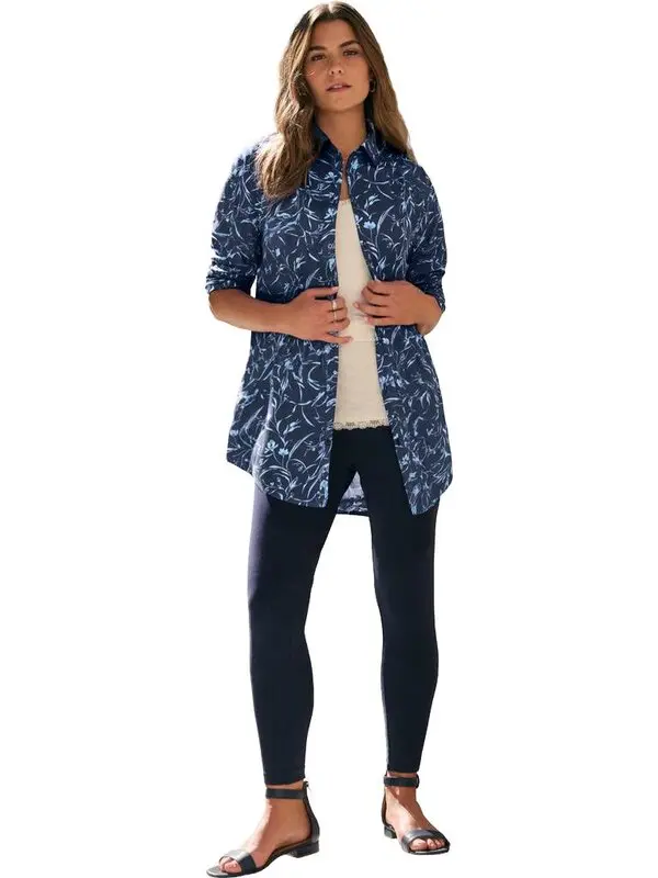 ROAMAN'S Kate Long-sleeve Cotton-blend Button-front Tunic - Navy Painterly Vine