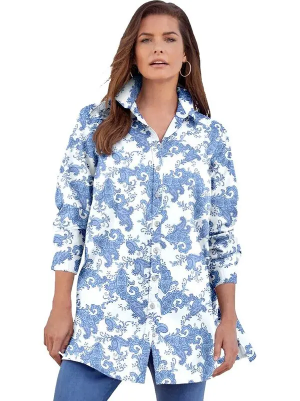 ROAMAN'S Kate Long-sleeve Cotton-blend Button-front Tunic - Pale Blue Paisley
