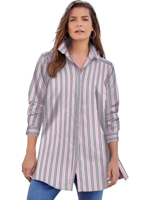 ROAMAN'S Kate Long-sleeve Cotton-blend Button-front Tunic - Pink Multi Stripe