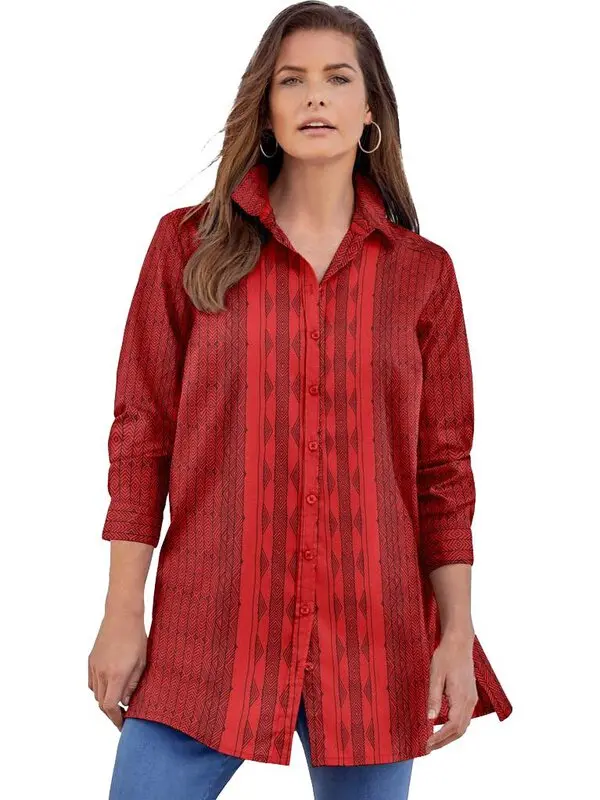 ROAMAN'S Kate Long-sleeve Cotton-blend Button-front Tunic - Red Black Stripe