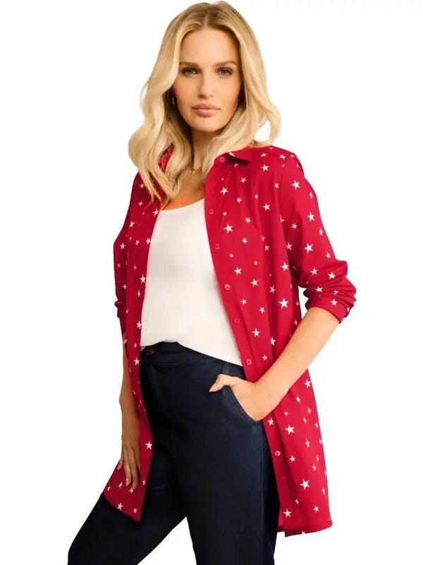 ROAMAN'S Kate Long-sleeve Cotton-blend Button-front Tunic - Vivid Red Stars