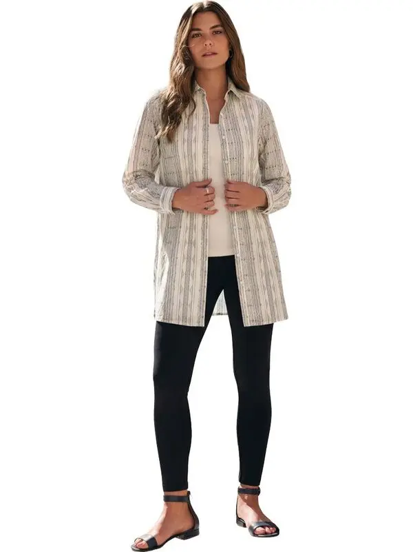 ROAMAN'S Kate Long-sleeve Cotton-blend Button-front Tunic - White Black Stripe
