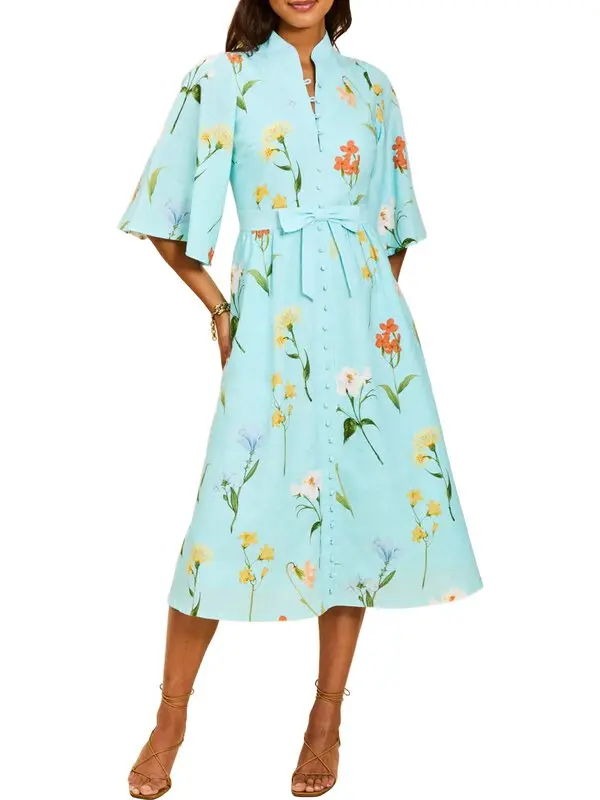 Mestiza New York Carmen Floral Linen Button-front Midi Dress - Blue