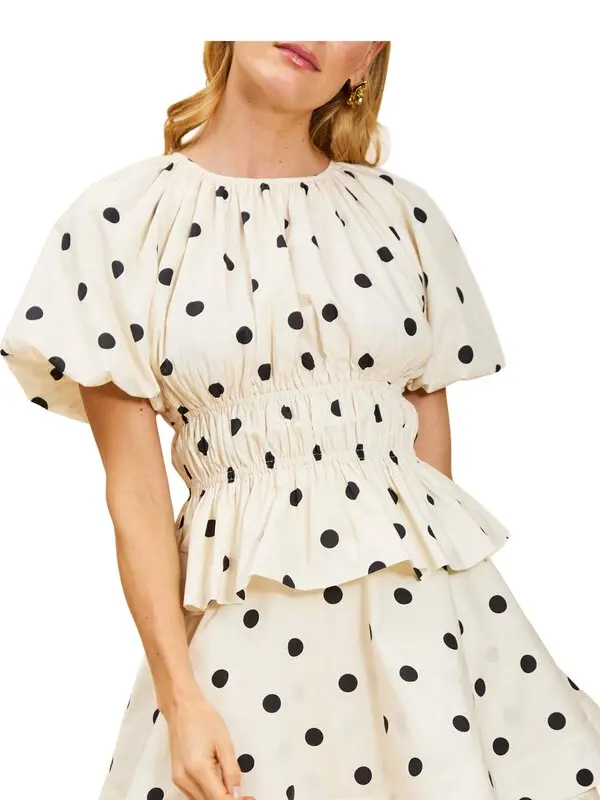Mestiza New York Polka Dot Poplin Shirred Peplum Top - White