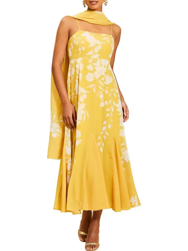 Mestiza New York Floral Chiffon Godet Scarf Maxi Dress - Yellow