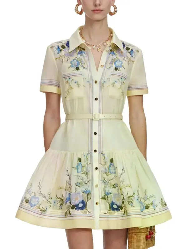 SELF-PORTRAIT Floral-print Belted Shirt Dress - Yellow