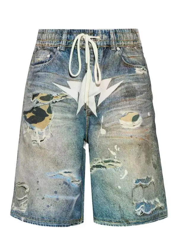 A BATHING APE Distressed Star-print Shorts - Blue