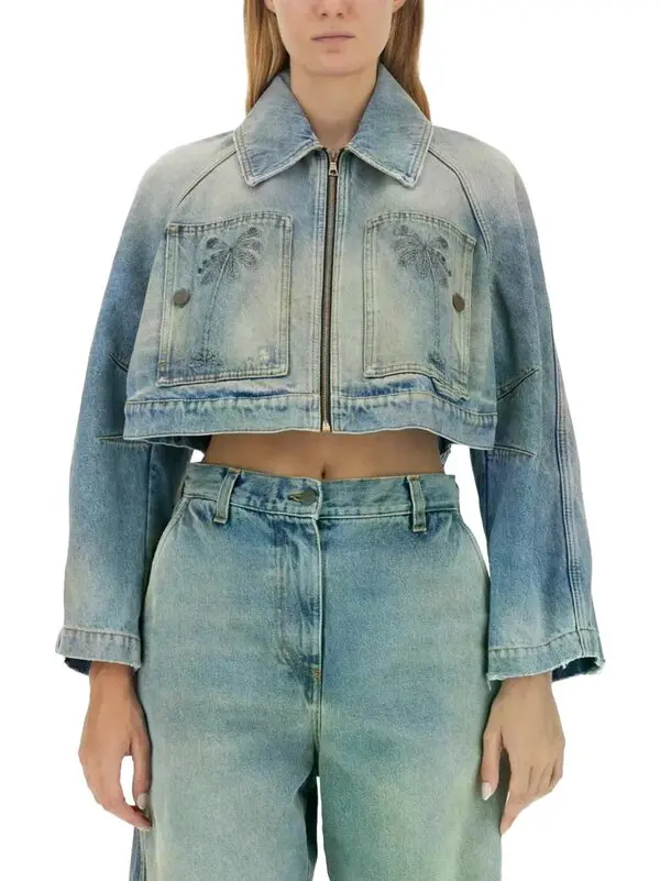 Palm Angels Cropped Denim Jacket - Blue