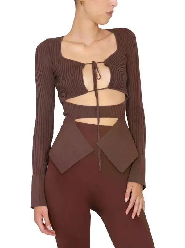 ANDREĀDAMO Tie-front Ribbed Top - Brown