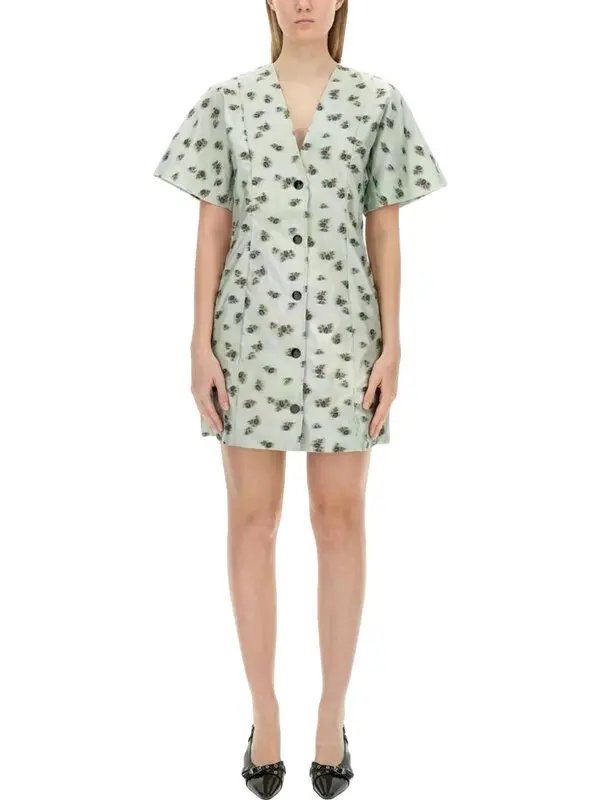 GANNI Button Floral Mini Dress - Green