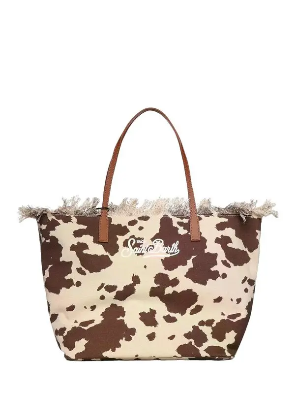 MC2 SAINT BARTH Cow-print Cotton Tote Bag With Fringed Details - Neutrals