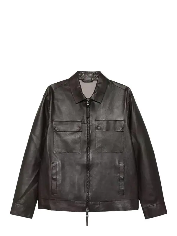 LEATHER AUTHORITY Leather Pocket Zip Jacket - Brown