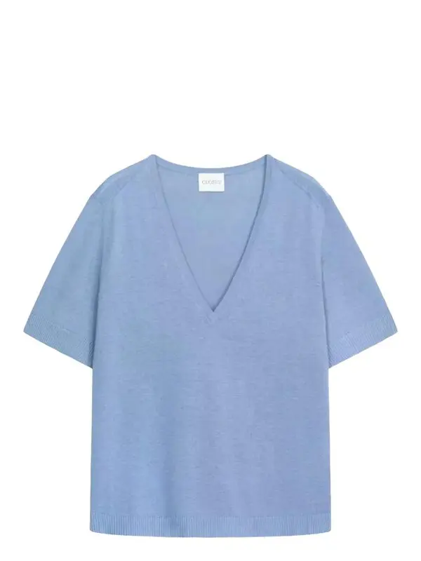 Closed V-neck Short-sleeve Knitwear - Blue