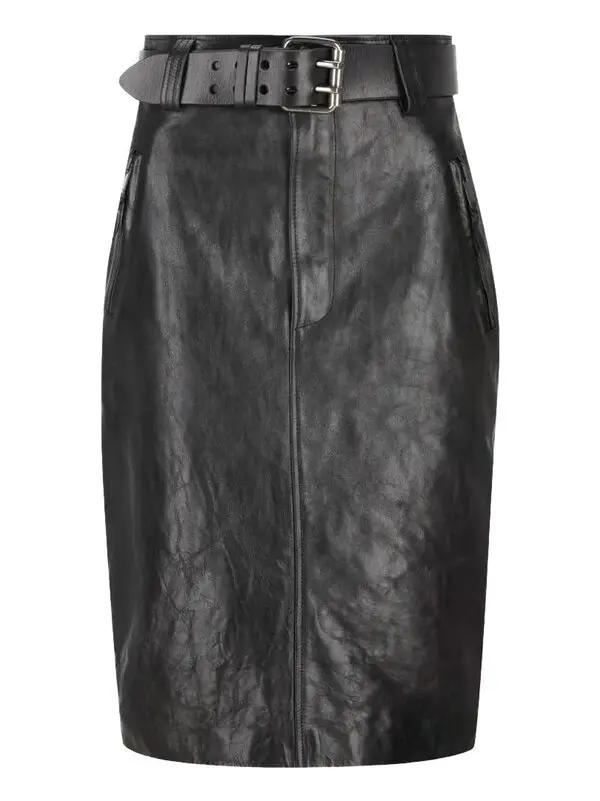 Saint Laurent Belted Leather Midi Skirt - Black