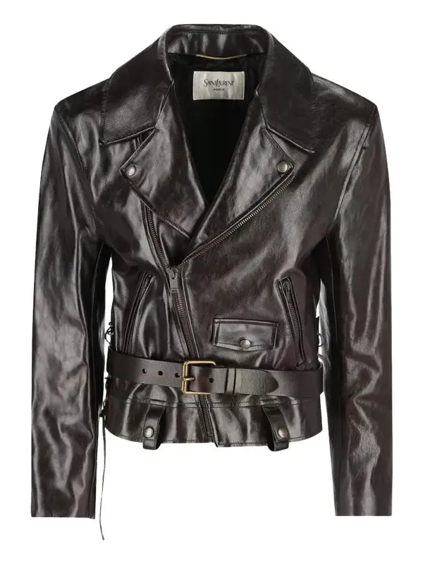 Saint Laurent Belted Leather Jacket - Brown