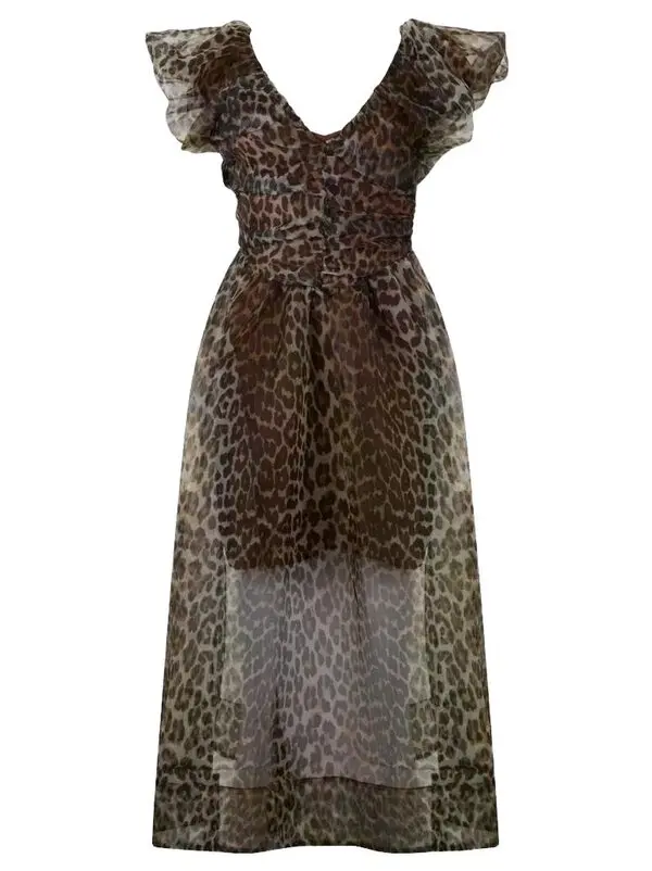 GANNI Leopard-print Ruffled Dress - Brown
