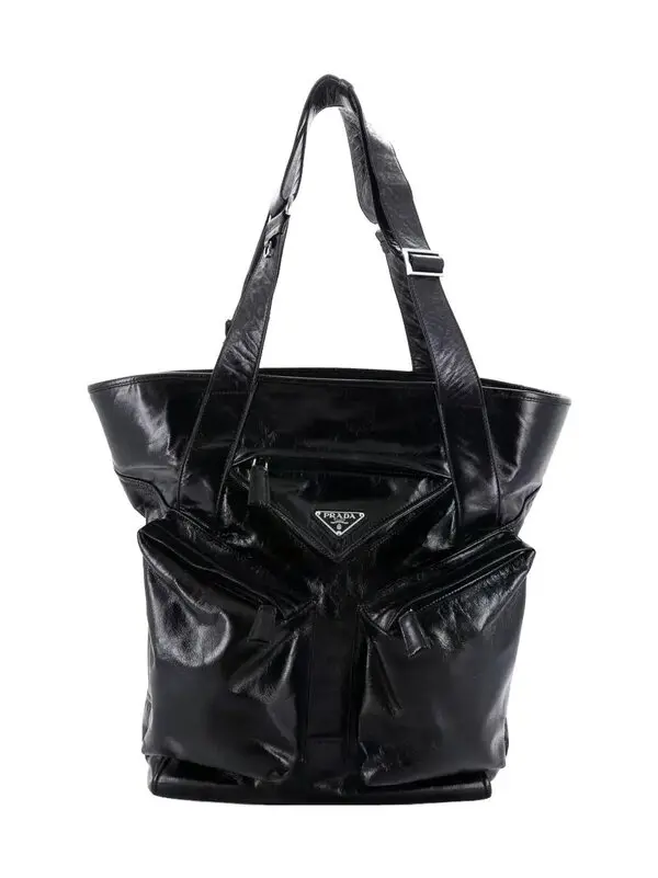 Prada Triple Front Pocket Leather Tote Bag - Black