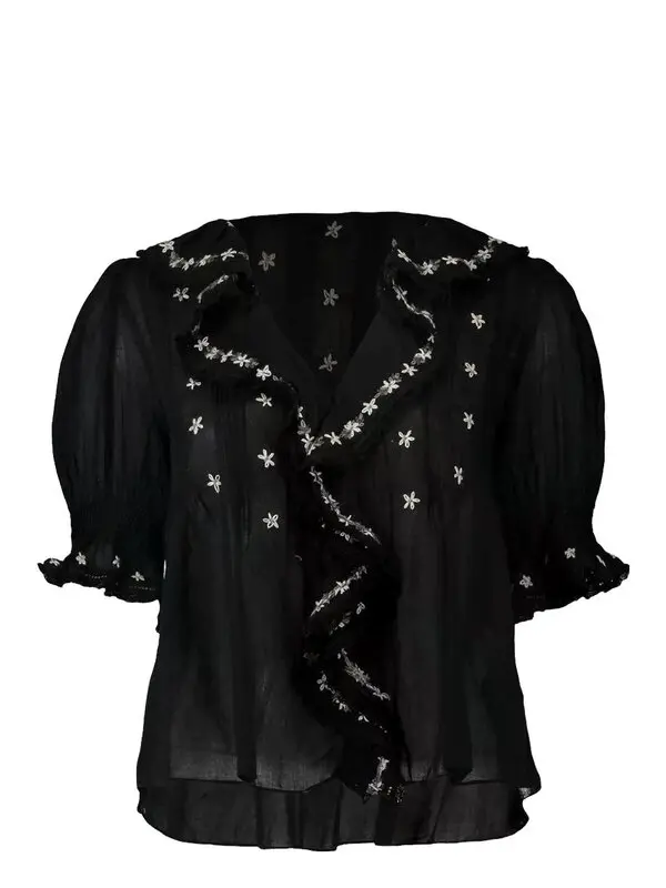 DÔEN Floral-embroidered Ruffled Blouse - Black