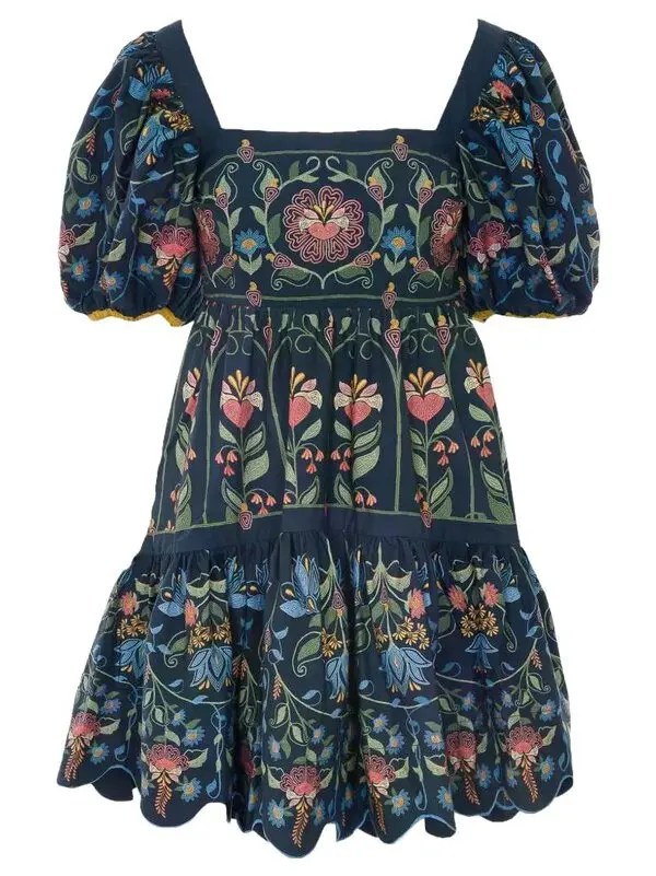 Farm Rio Floral-embroidered Puff-sleeve Mini Dress - Blue