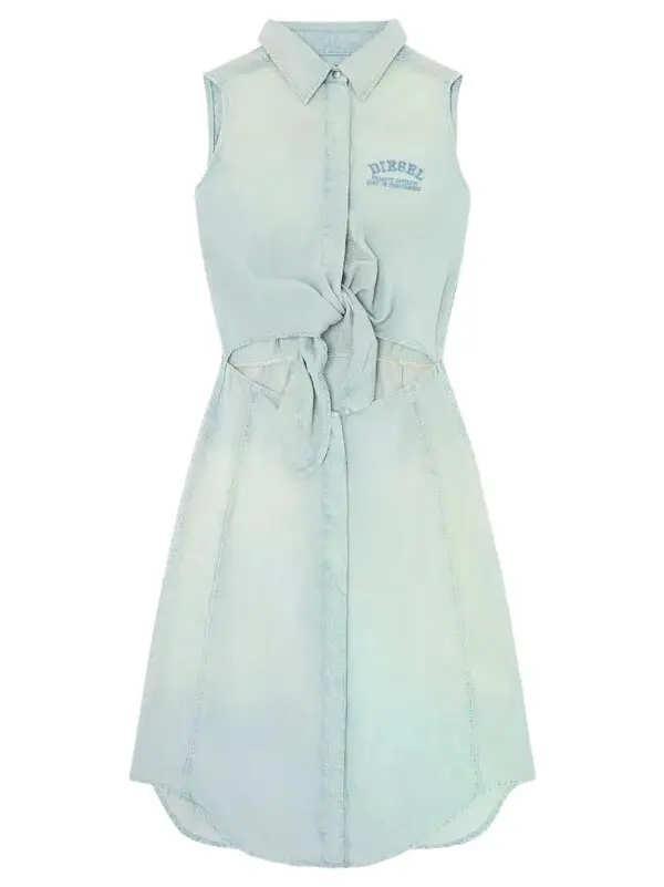 DIESEL® Sleeveless Collared Midi Dress With Knot Detail In Dirt-effect Denim - Blue
