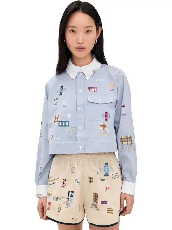Sea Claira Embroidered Button Down Shirt - Blue