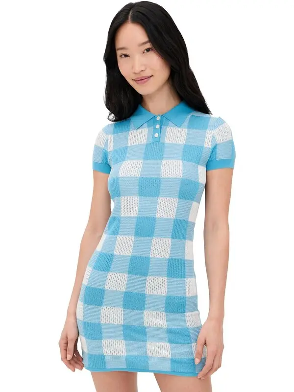 Guest In Residence Gingham Polo Mini Dress - Swimming Pool/cream
