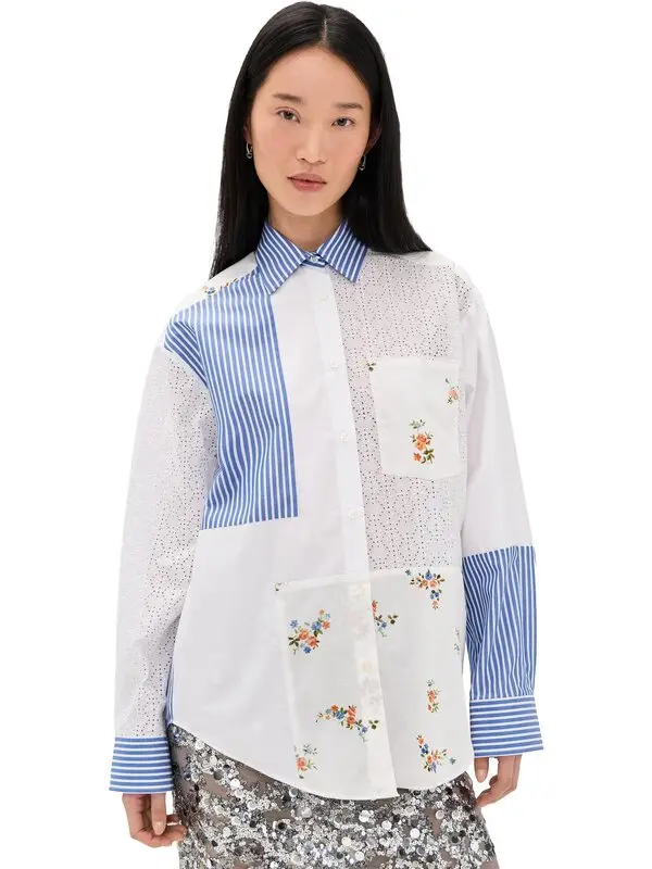 MSGM Patchwork Button-down Shirt - Off White Blue
