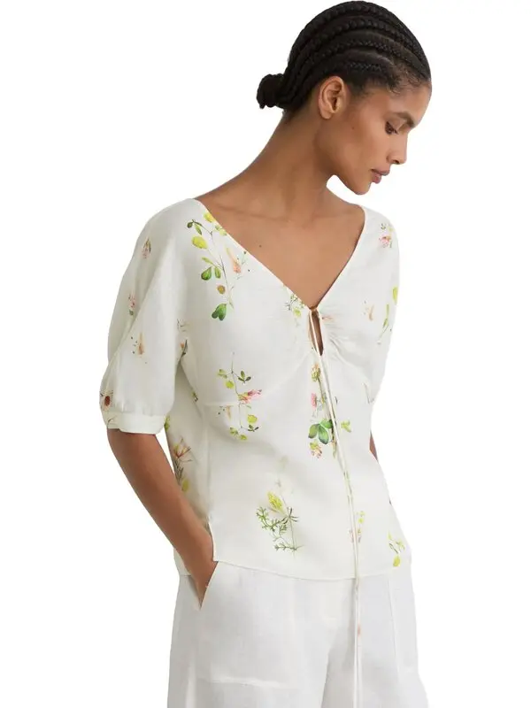 REISS Quinny Floral Linen-blend Top - Ivory