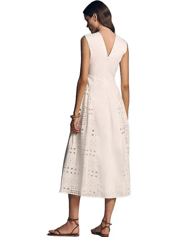 EN ELLY V-neck Drop-waist Pleated Midi Dress - White