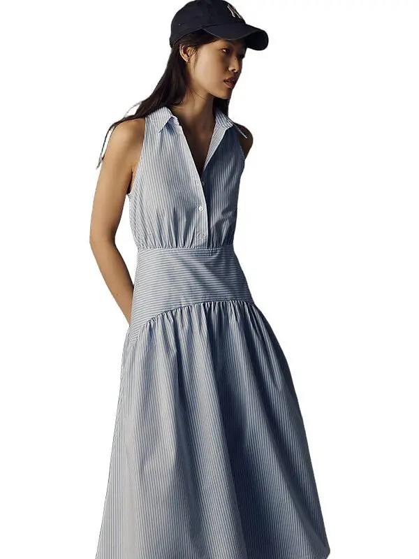 EXQUISE Tobie Drop-waist Midi Shirt Dress - Blue Stripe