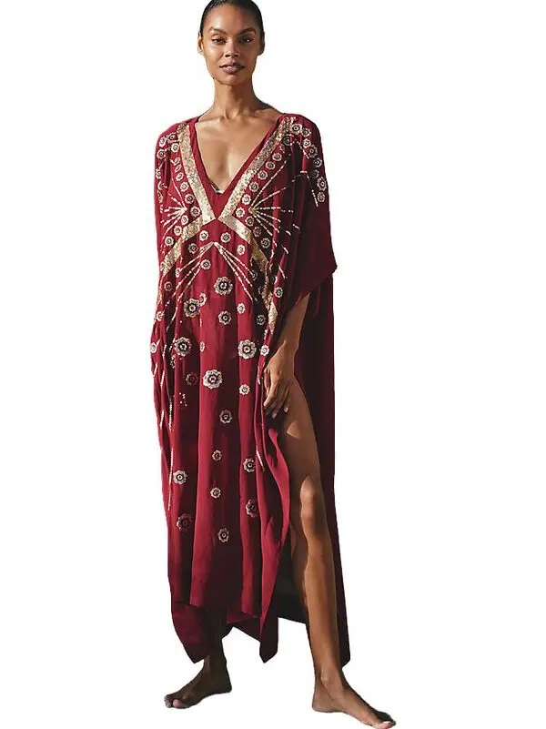 Agua Bendita Embellished Tunic Dress - Maroon