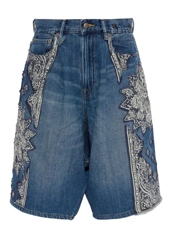 R13 Denim Bermuda Shorts With Bandana Appliqués - Blue