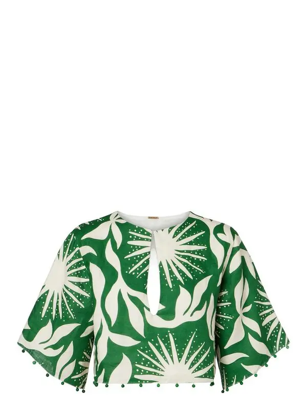 CALA DE LA CRUZ Iris Beaded Printed Linen Crop Top - Green