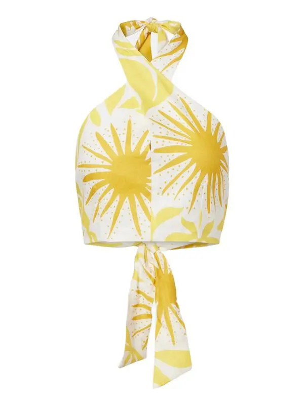 CALA DE LA CRUZ Ivy Printed Halterneck Linen Crop Top - Yellow