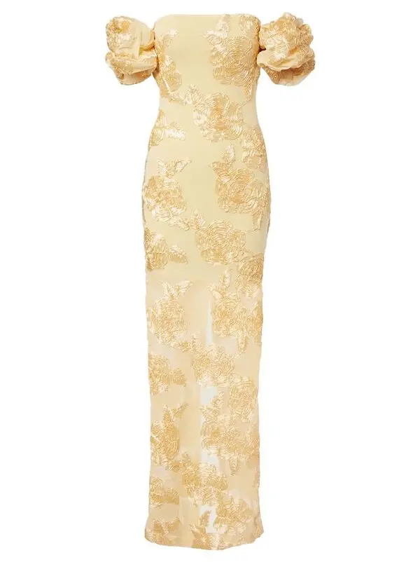 ROTATE BY BIRGER CHRISTENSEN Floral-appliqué Off-shoulder Maxi Dress - Yellow
