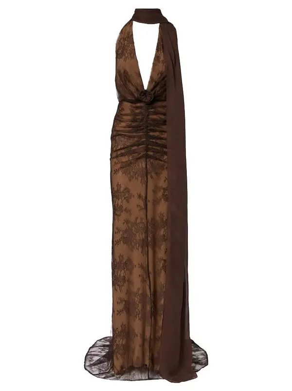 DE LA VALI Amora Scarf-detail Lace Maxi Dress - Brown