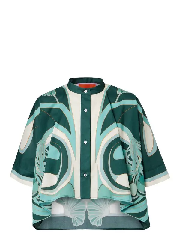 La DoubleJ Printed Cropped Cotton Muslin Shirt - Green