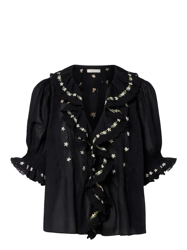 DÔEN Hettie Floral Embroidered Ruffled Cotton Blouse - Black