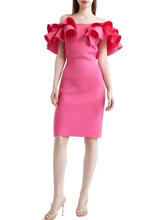 Anne Klein Off-the-shoulder Ruffle Scuba Crepe Cocktail Dress - Vibrant Pink