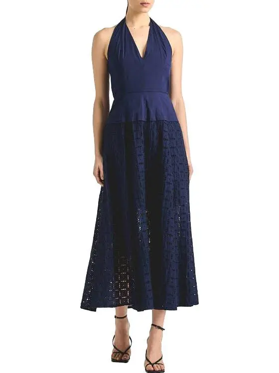 Derek Lam 10 Crosby Eyelet Halter Maxi Dress - Navy