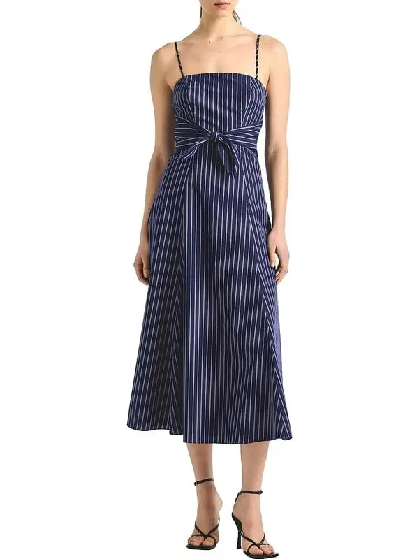 Derek Lam 10 Crosby Zandra Tie Waist Sleeveless Midi Dress - Dark Navy Stripe