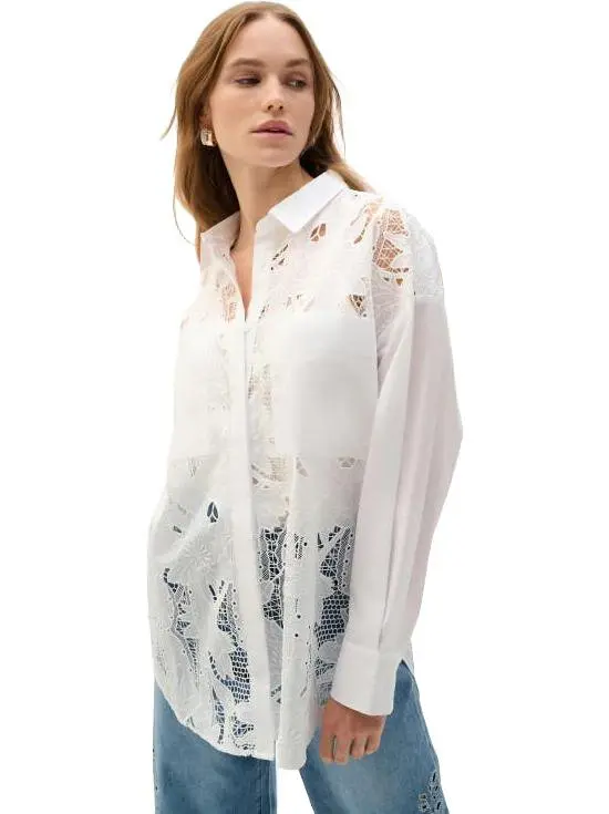 Joseph Ribkoff Cotton Lace Boxy Blouse With Embroidery - White