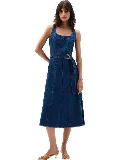 Joseph Ribkoff Denim Fit And Flare Midi Dress With Belt - Denim Medium Blue