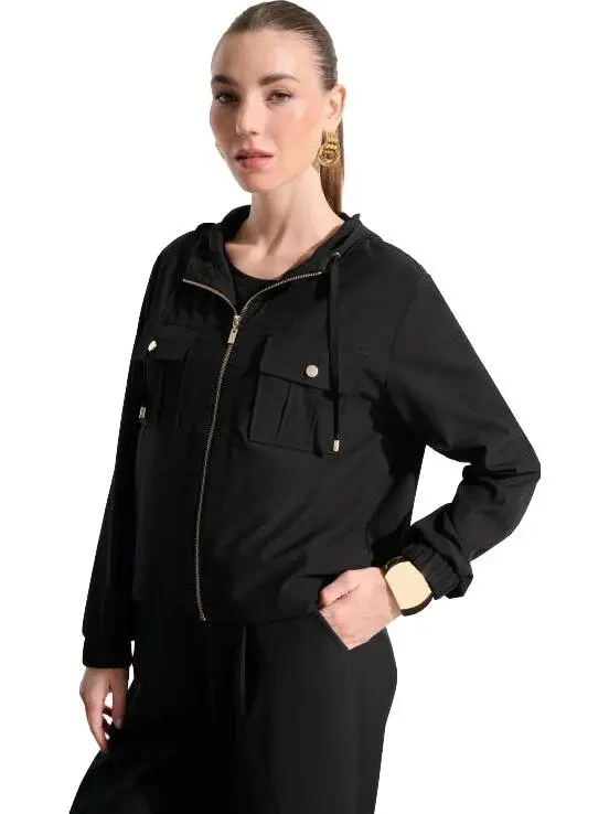 Joseph Ribkoff Stretch Woven Hooded Boxy Utility Jacket - Black