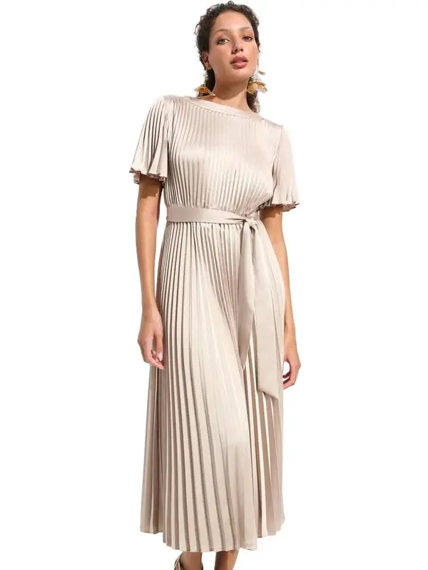 Joseph Ribkoff Pleated Fit And Flare Midi Dress With Sash Belt - Sand
