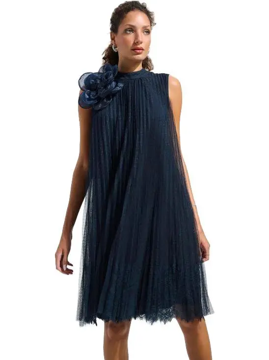 Joseph Ribkoff Mesh And Lace A-line Dress With Flower Detail - Midnight Blue
