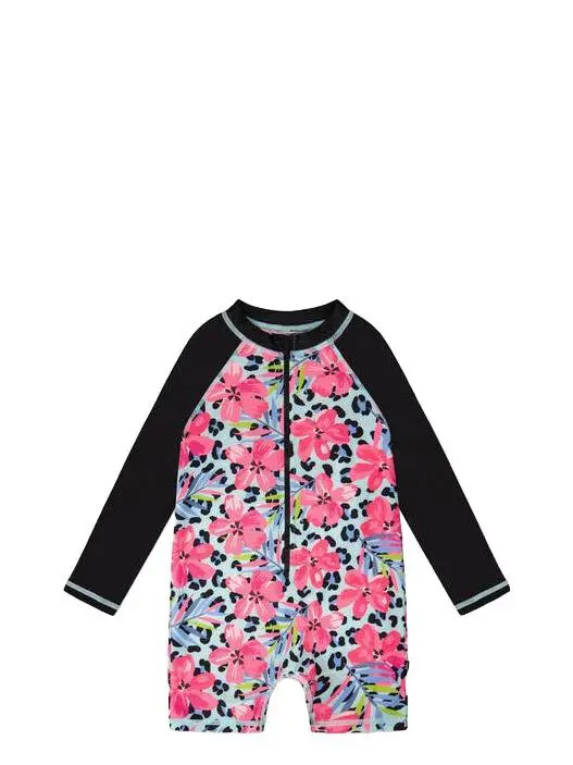 DEUX PAR DEUX Floral And Leopard Print Long Sleeve Rashguard - Blue Floral And Leopard Print