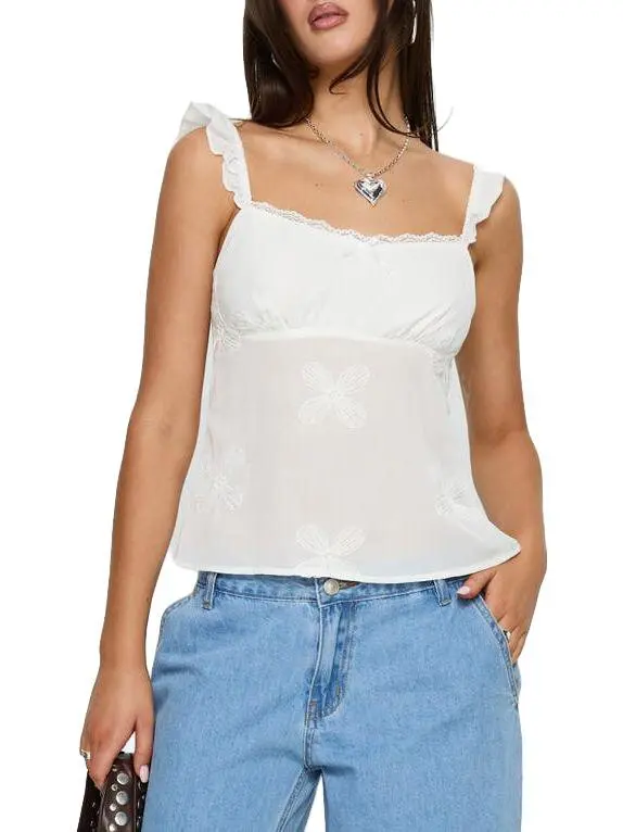 Princess Polly Madaleine Floral Embroidered Ruffle Strap Top - White